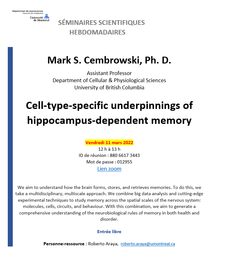 SÉMINAIRES SCIENTIFIQUES HEBDOMADAIRES - Mark S. Cembrowski, Ph. D ...